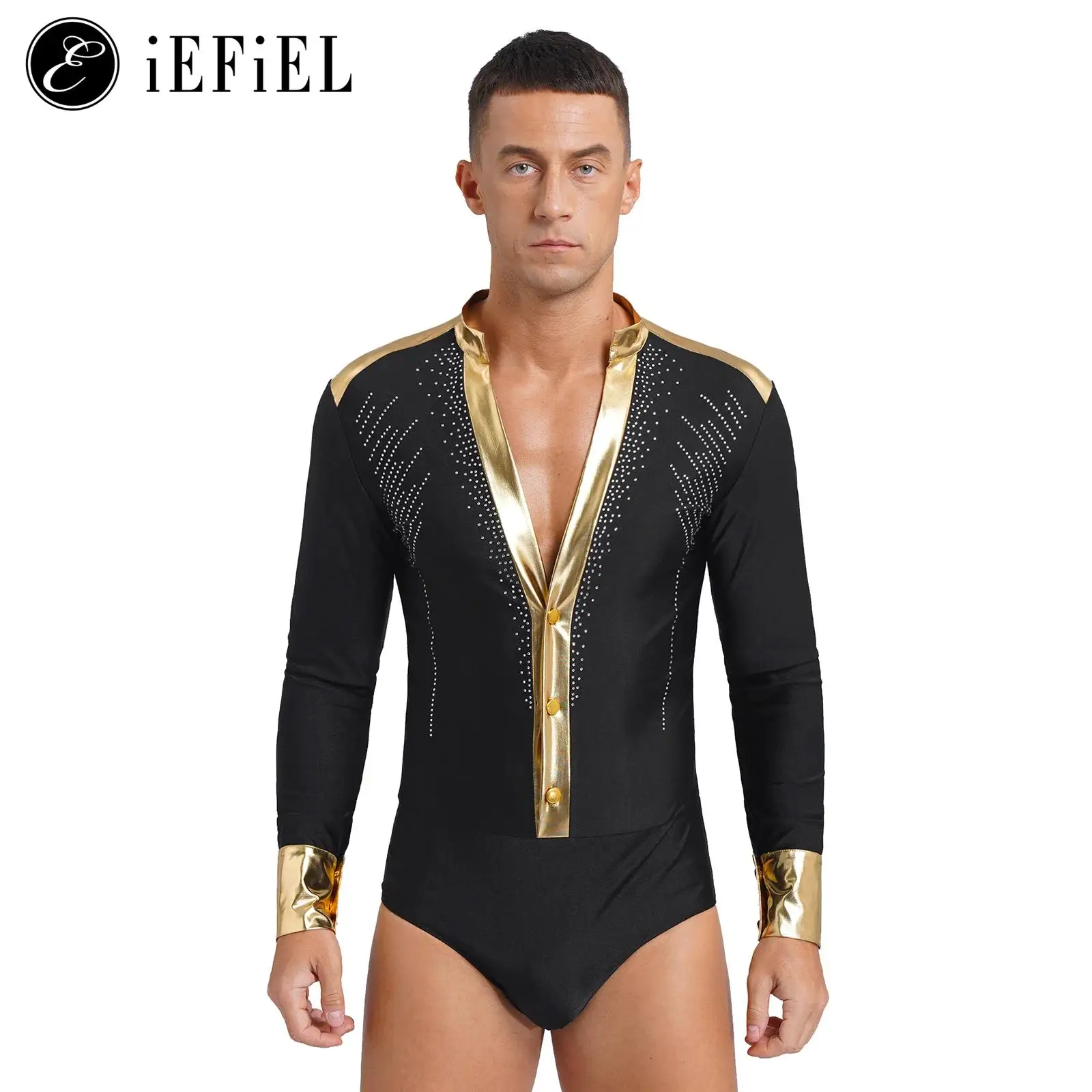 Mens Shiny Gold Trim V Neck Latin Dance Leotard Shirts Long Sleeve ...