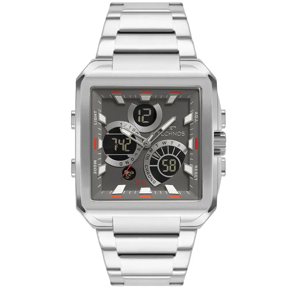 Technos Men's Digital Analog Watch Square Large Silver - AliExpress 1511