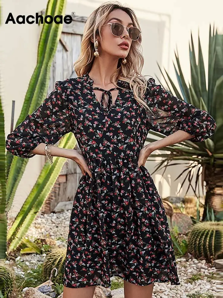 Aachoae-Women-Floral-Print-Holiday-Chiffon-Dresses-2021-Bow-Tie-V-Neck ...