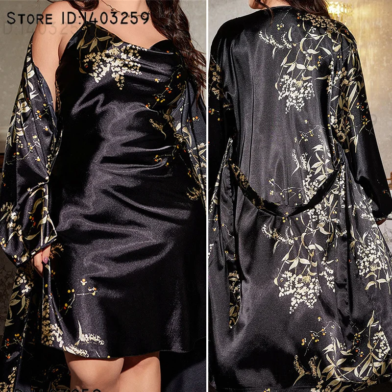 Plus Size Female Long Robe Nightgown Sleepwear Print Cherry Long Kimono ...