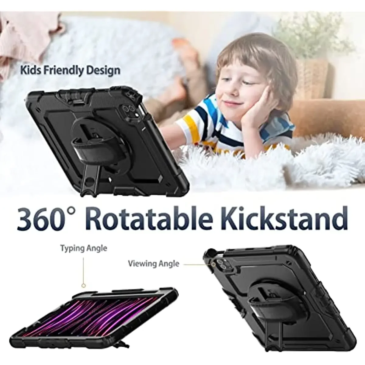 Rotating IPad Case Shockproof IPad Case With Kickstand & Hand Strap ...