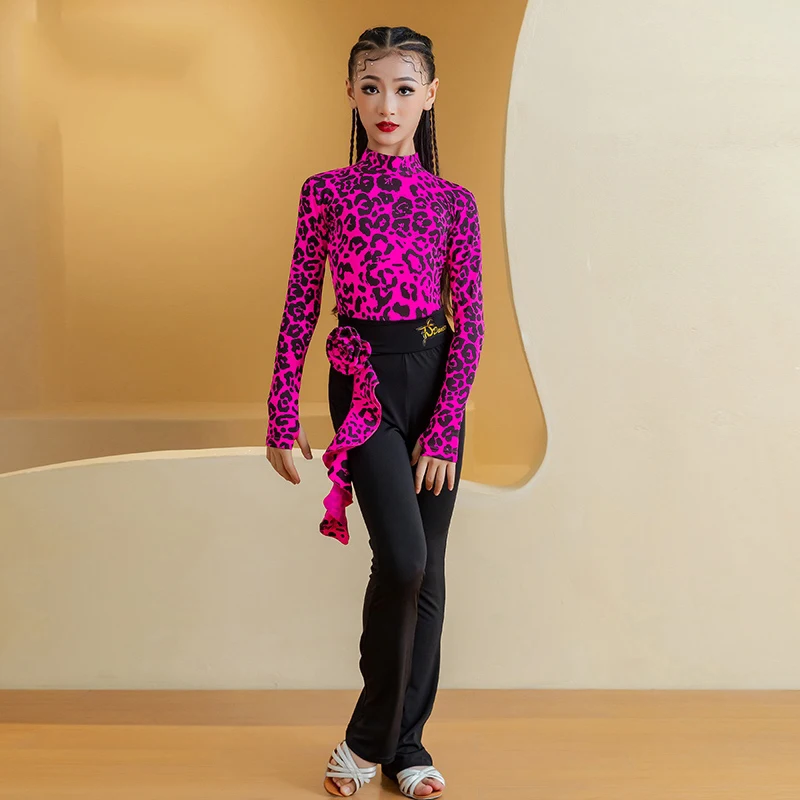 2024-Children-Latin-Dance-Performance-Dress-Rose-Red-Leopard-Tops-Black ...
