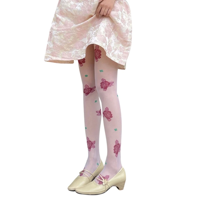 French Style Women Elegant Silky Pantyhose Vintage Colorful Rose Flower ...