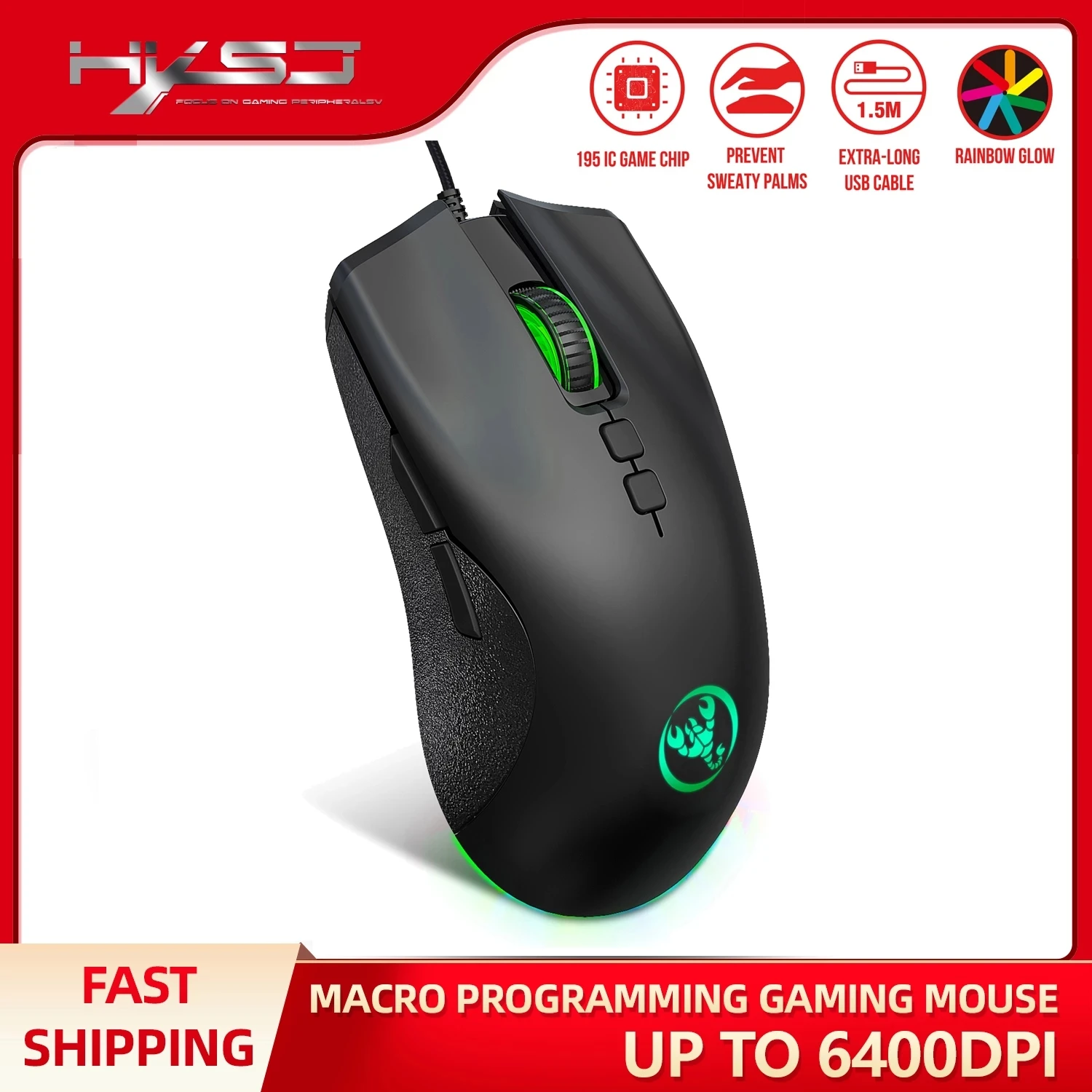 HXSJ-Mouse-Gaming-Colorido-com-Fio-7-Bot-es-Programa-o-Macro-6400dpi ...