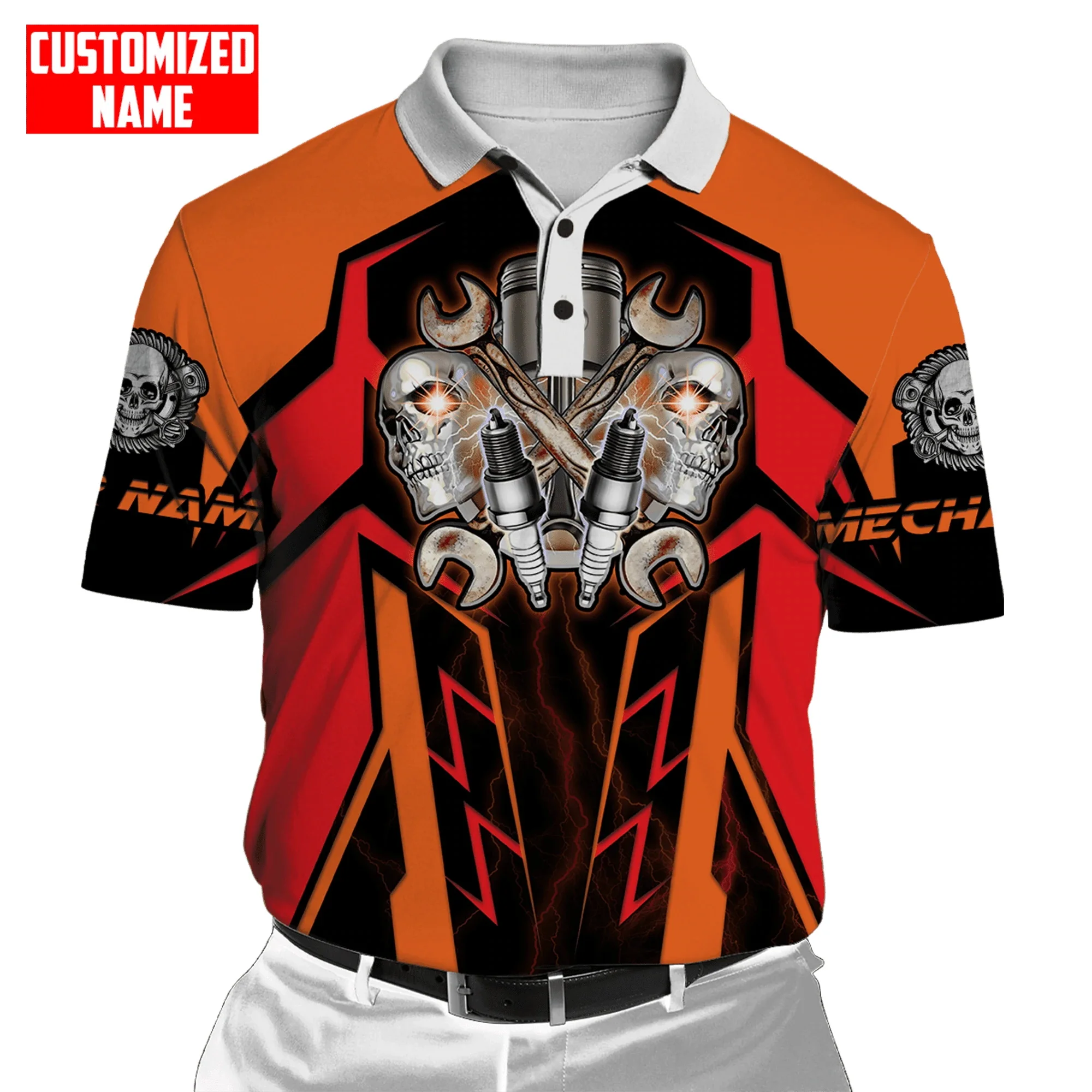 Personalized-Name-Mechanic-Skull-3D-Printed-Mens-Polo-Shirt-Summer ...