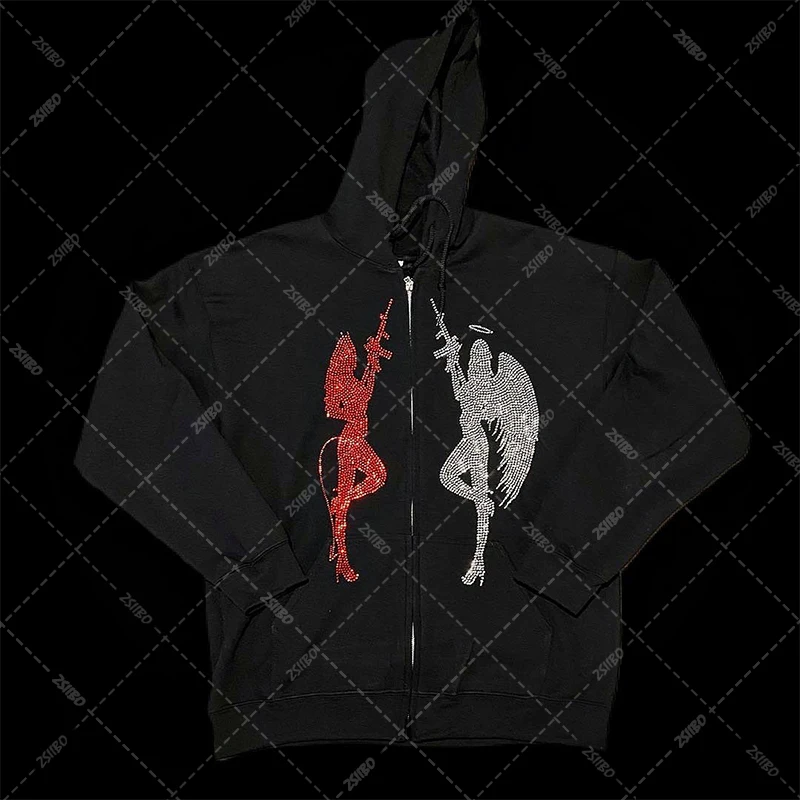Y2K Demon Rhinestone graphics zip Hooded Sweatshirt Men's hoodies Harajuku Goth Oversized Men ...
