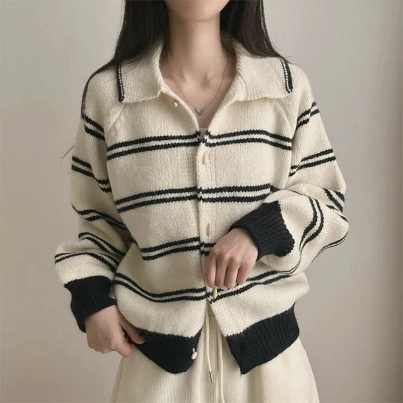 Color Blocking Striped Sweater Autumn/Winter Cardigan 2025 Loose Button ...