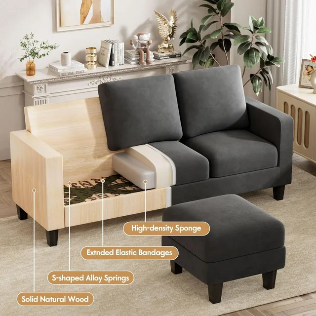 3 Seat L-Shaped Sofa With Linen Fabric Sectional Sofa Couch Movable ...