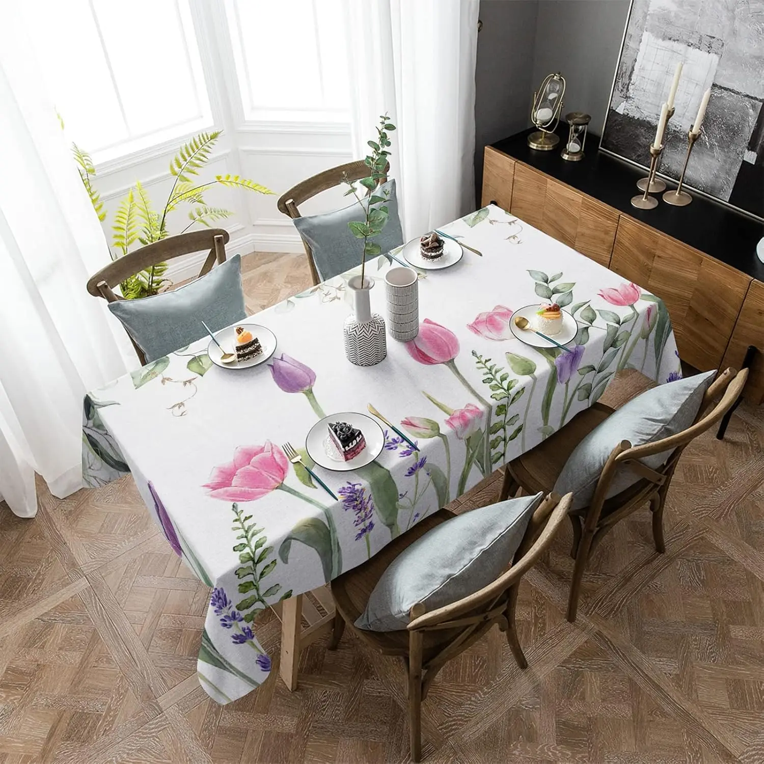 Spring Pink Tulip Flowers Eucalyptus Leaves Waterproof Tablecloth Party ...
