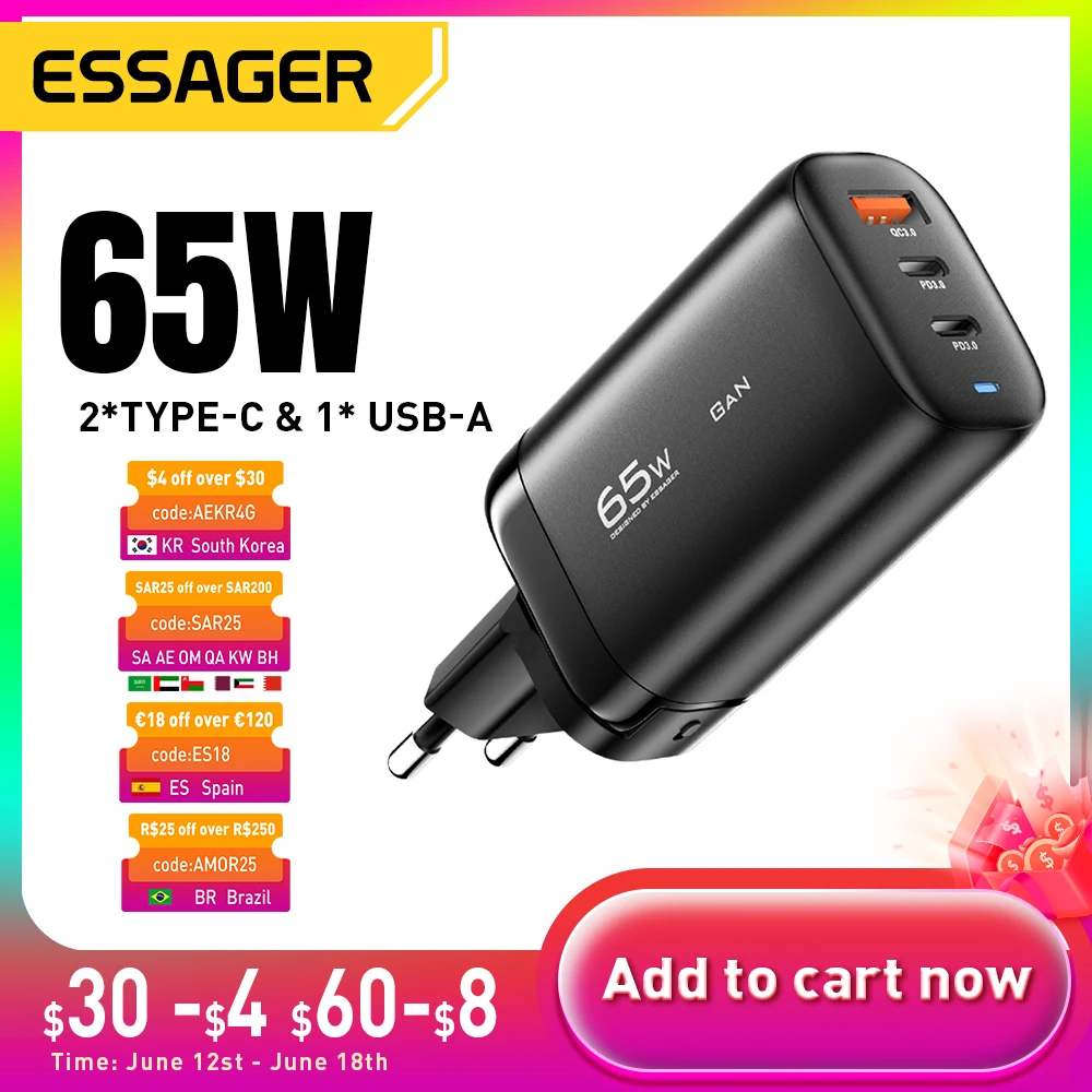 Essager 65W GaN USB Typ C Ladegerät Für Laptop PPS 45W 25W Schnelle Ladung Für Samsung Xiaomi ...