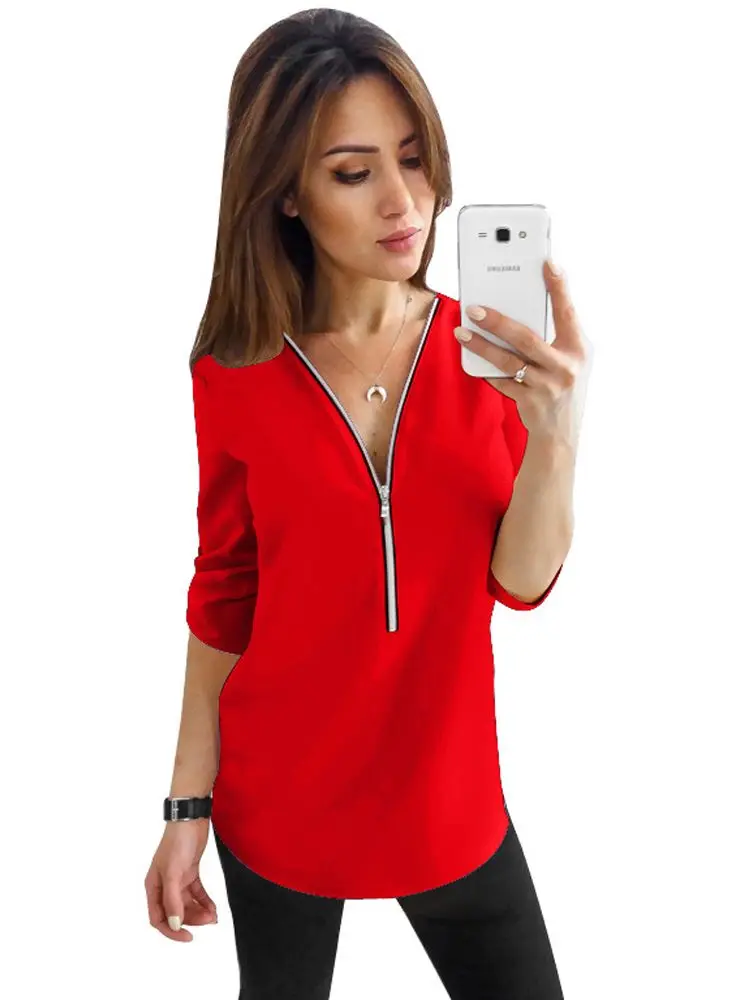 Women Zipper Half Sleeve Shirts Womens Fahion Chiffon Blouses Sexy V ...