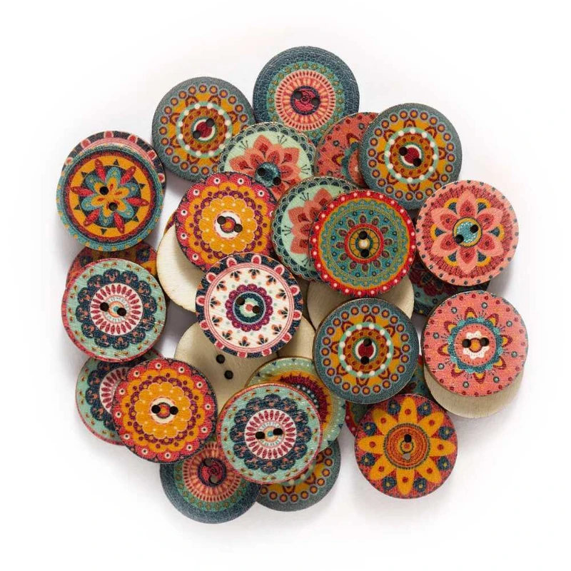50/100PCS Vintage Painted Printed Wooden Buttons -15mm 20mm 25mm DIY ...
