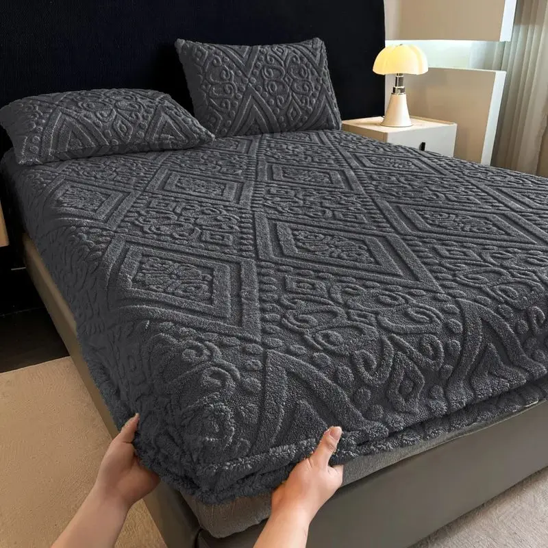 Jacquard Winter Thick Warm Coral Plush Mattress Cover High Elasticity ...