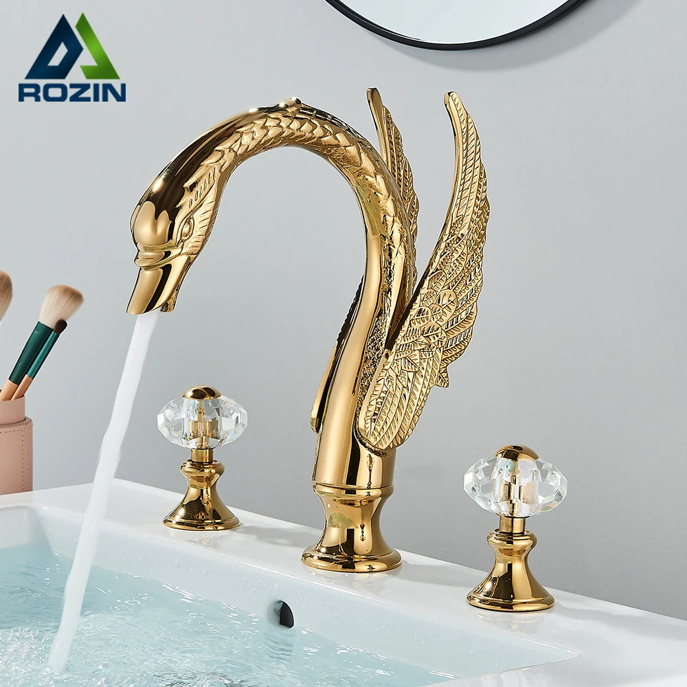 Luxury-Golden-Swan-Shape-Basin-Tap-Dual-Crystal-Handle-Deck-Mount ...