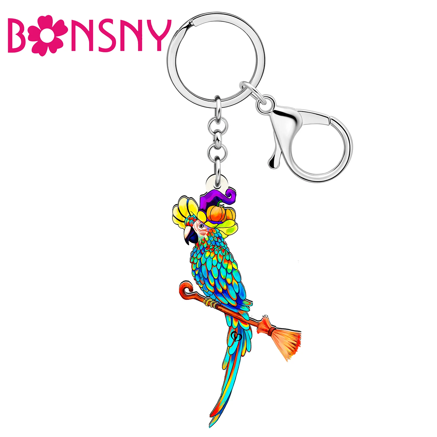 BONSNY-Acrylic-Witch-Hat-Broom-Parrot-Bird-Keychains-Key-Chain-For ...