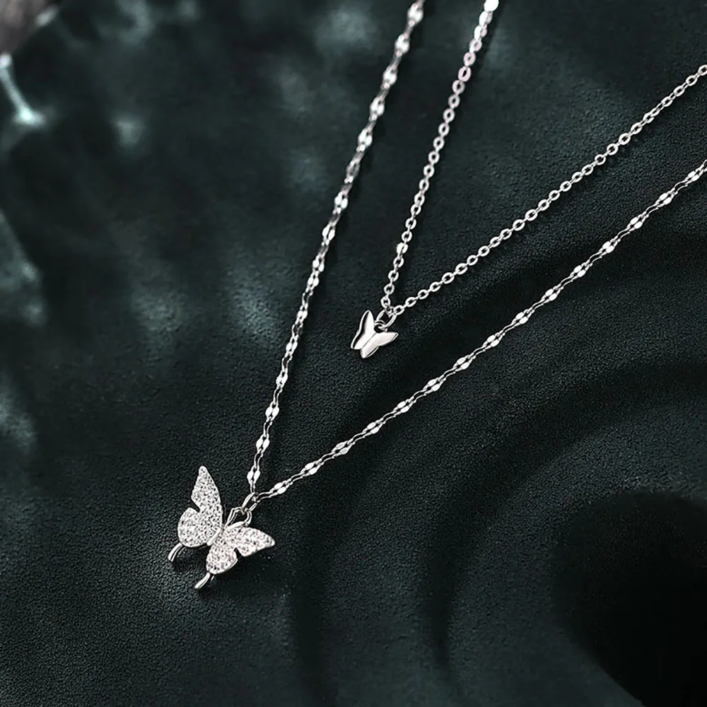 Real-S925-Sterling-Silver-Double-Chain-Butterfly-Necklaces-With-Full-CZ ...