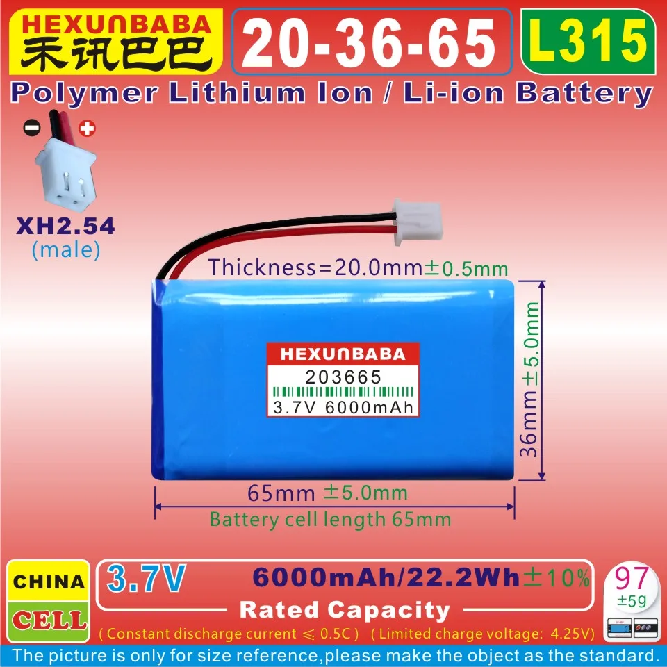 Batería de polímero de iones de litio para altavoz, 3,7 V, 6000mAh, 22,2 WH, 203665 XH2.54, GPS ...