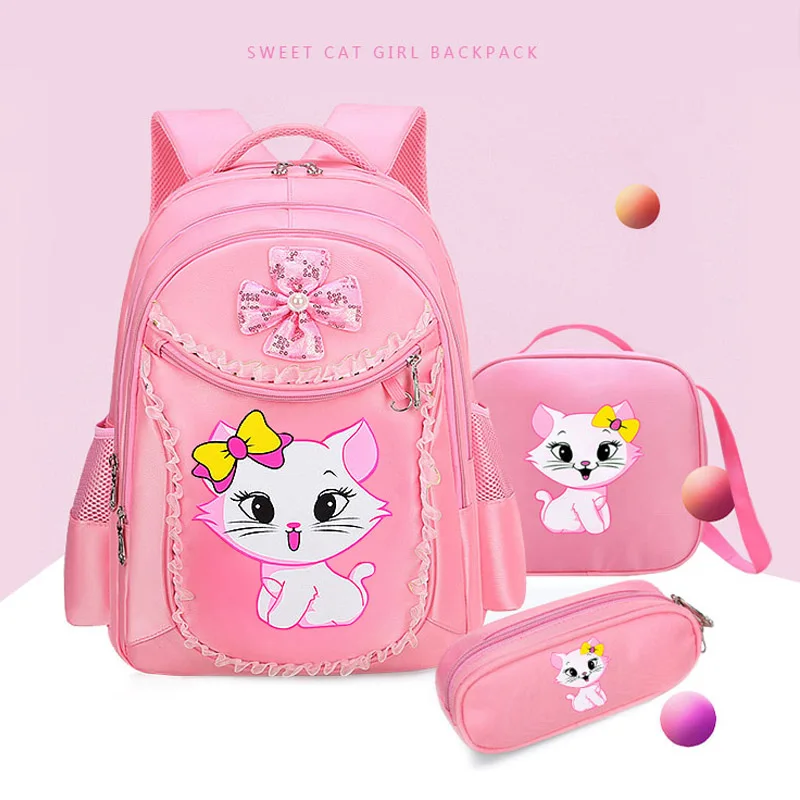 Pink-Cat-Children-Backpack-School-Bags-3-Pieces-for-girls-Cartoon-Kid ...