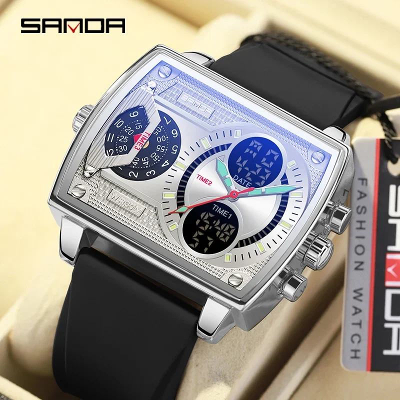 SANDA Top Men Watch New Big Dial Three Time Silicone Strap Man Sports ...