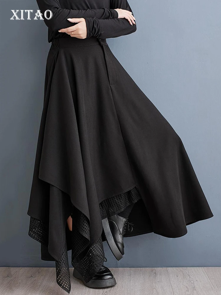 XITAO-Black-Irregular-Skirt-Mesh-Splicing-Casual-Fashion-Loose ...