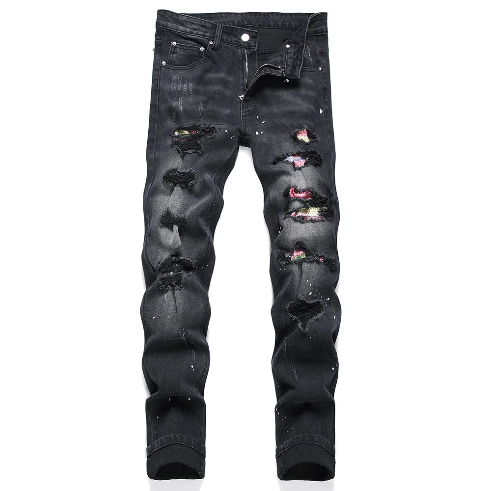 Men-Crystal-Black-Denim-Jeans-Multi-Color-Patches-Patchwork-Stretch ...