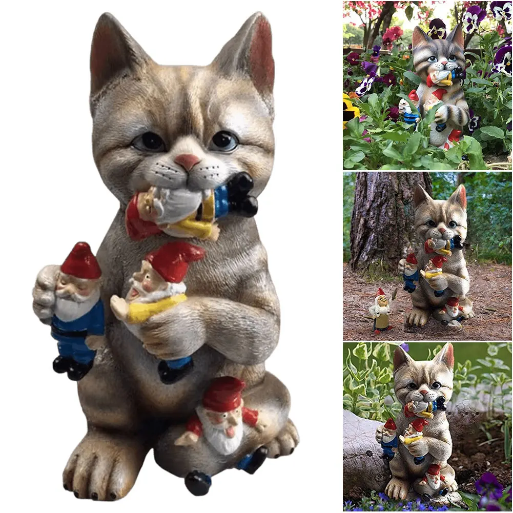 Cat Eating Gnomes Statues Cat Gnome Figurine Creative Decorative Garden ...