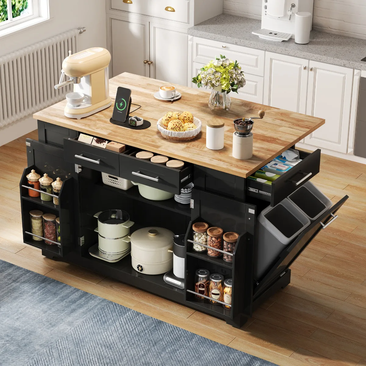 138cm Black Wood Finish Kitchen Island | Foldable Countertop, Quiet ...