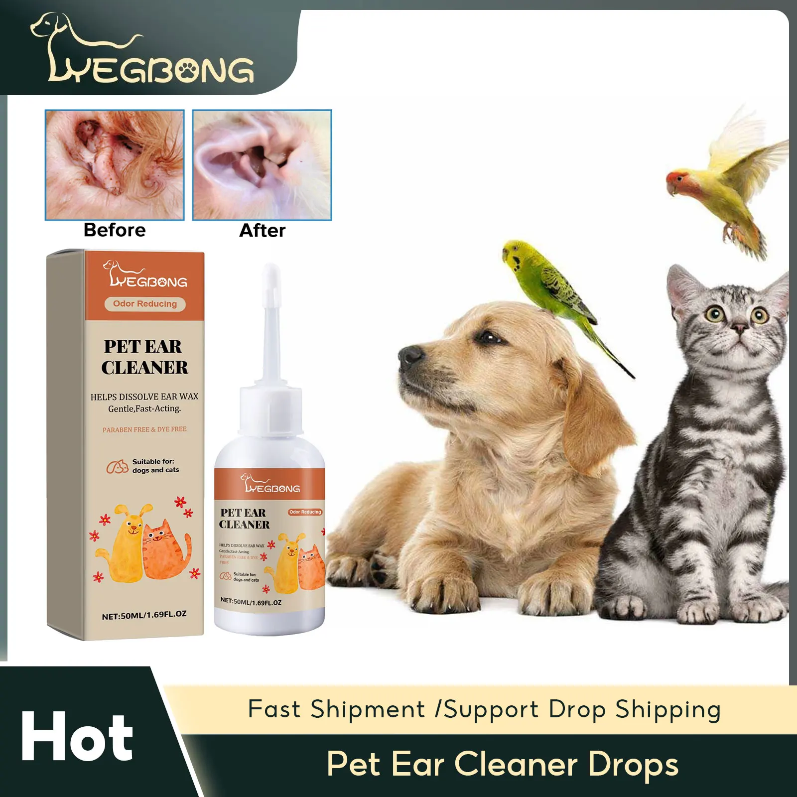 Pet Ear Cleaner Drops Cats Dogs Earwax Ear Cleaner Relief Odor Remover ...