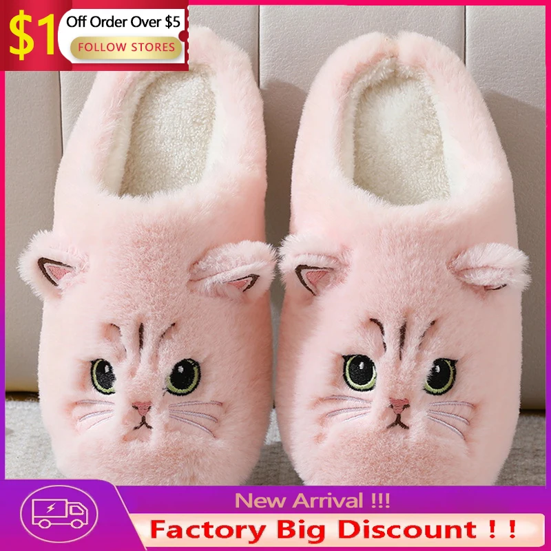 Cute Cat Slippers Fluffy Furry Women Home Platform Slippers Men Winter ...