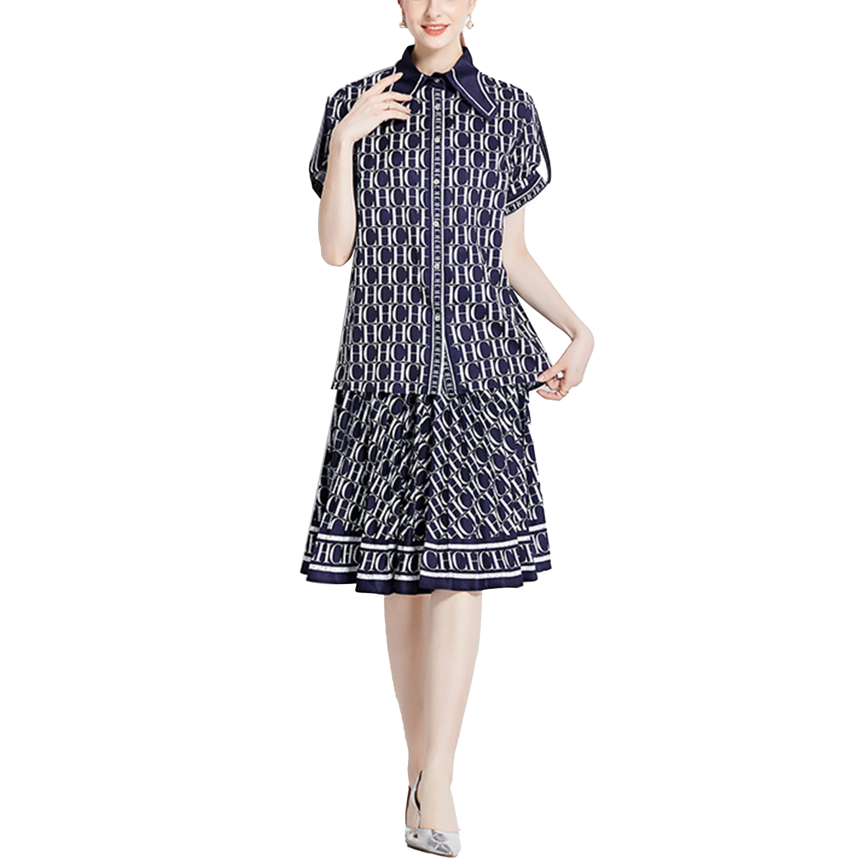New-Women-Dress-Sets-Fashion-Short-Sleeved-Shirts-Suits-A-Line-Pleated ...