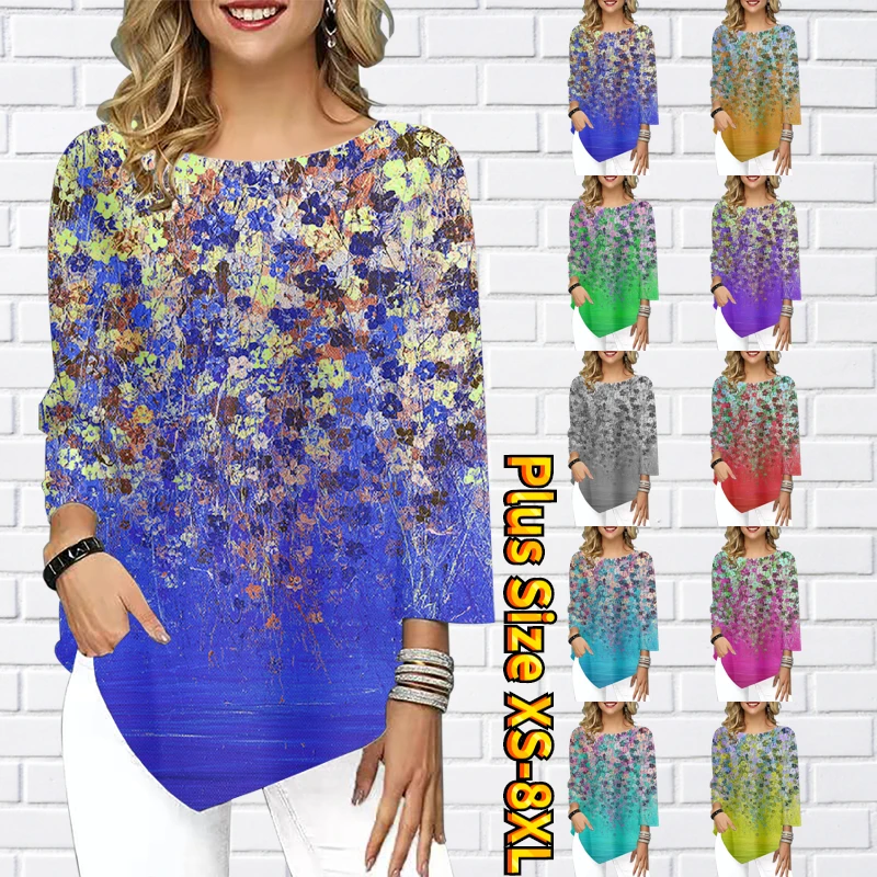 Summer Women's Fashion Round Neck Loose Pullover Floral Print T-shirt ...