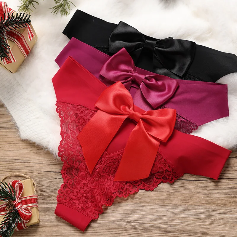 Sexy Lace Panties Low Waist Hollow Out Bowknot Thongs Ice Silk Breatha