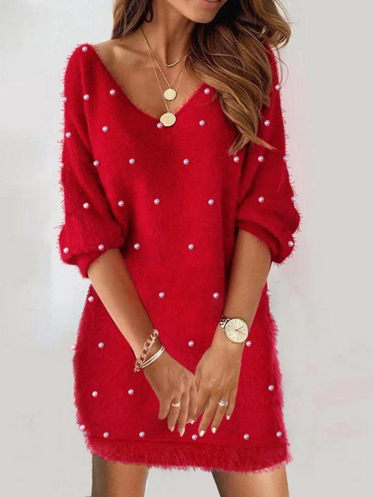 Fashion-Women-Daily-Wear-Party-Plain-V-neck-Pearls-Mini-Dress-Pre-Fall ...