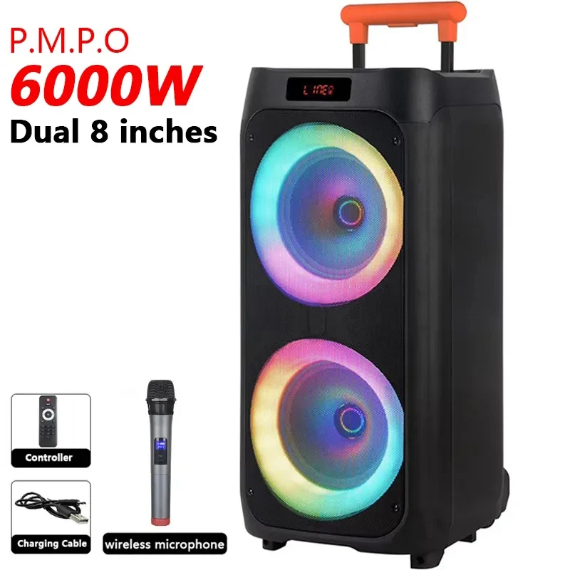 Double-8-inch-6000W-Outdoor-Lever-Trolley-Audio-Karaoke-Partybox-RGB ...