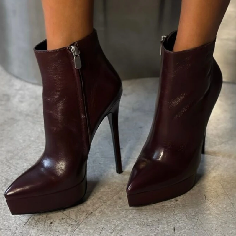 Modern Pointed Toe Zipper Platform Ankle Boots Burgundy Nude Leather ...