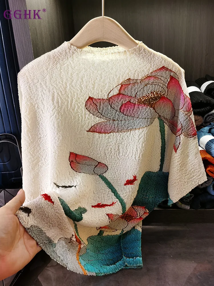 GGHK-Miyake-Pleated-Round-Neck-Bat-Sleeve-Printed-Women-s-T-shirt-New ...
