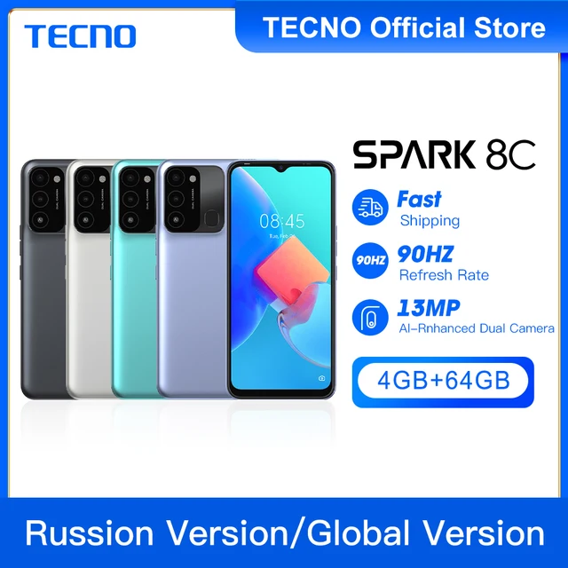NEW Original Tecno SPARK 8C 4+ 64GB Cell Phones Unisoc T606 Mobile HD+ 6.6 Smartphone Battery ...