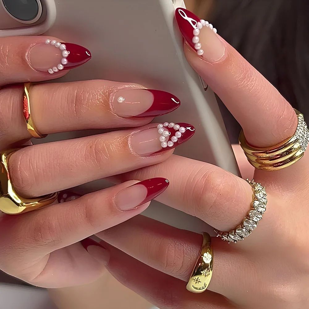 24pcs-Love-Pearl-False-Nail-Patch-with-Inlaid-Diamond-Design-Simple-Red ...