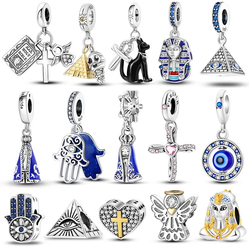 925 Sterling Silver Dangle Charms Cross Angel Pyramid Pharaoh Baeds Fit ...