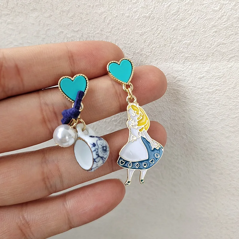 S925 Needle Cute Cartoon Fairy Tale Princess Alice Asymmetry Earrings ...