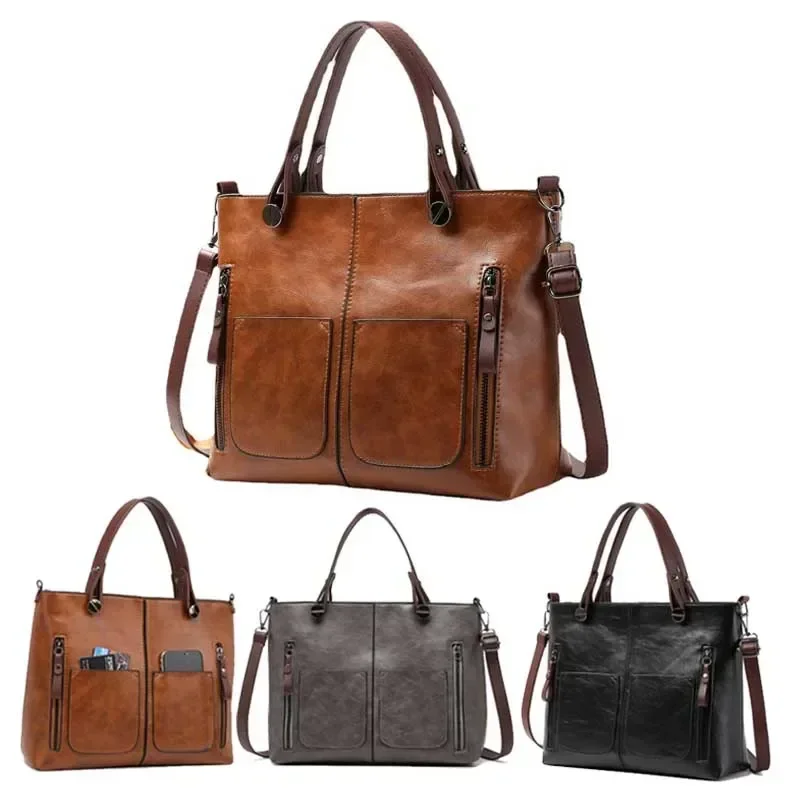 Large Capacity Shoulder Bag Vintage PU Leather Multi-Pocket Tote Bag ...