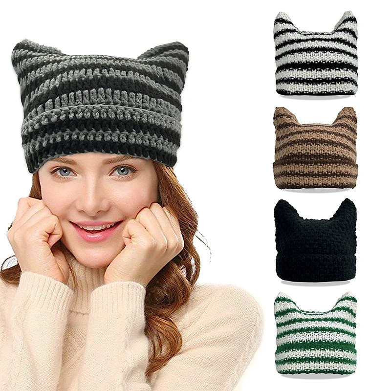 Winter-Women-Soft-Imp-Ear-Striped-Knitted-Hat-Autumn-Hottie-Sweet-Cool ...