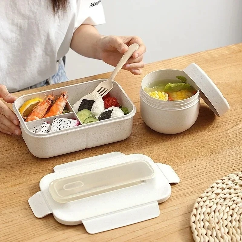 Portable Cutlery Set Square Wheat Straw Lunch Box Soup Bowl with Spoon ...