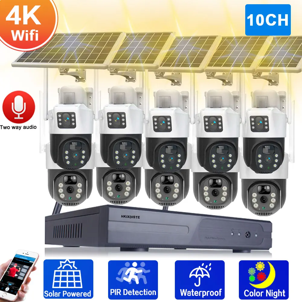 4K Dual Lens Solar Wifi CCTV Camera Security System Kit 10CH 5MP Wifi ...