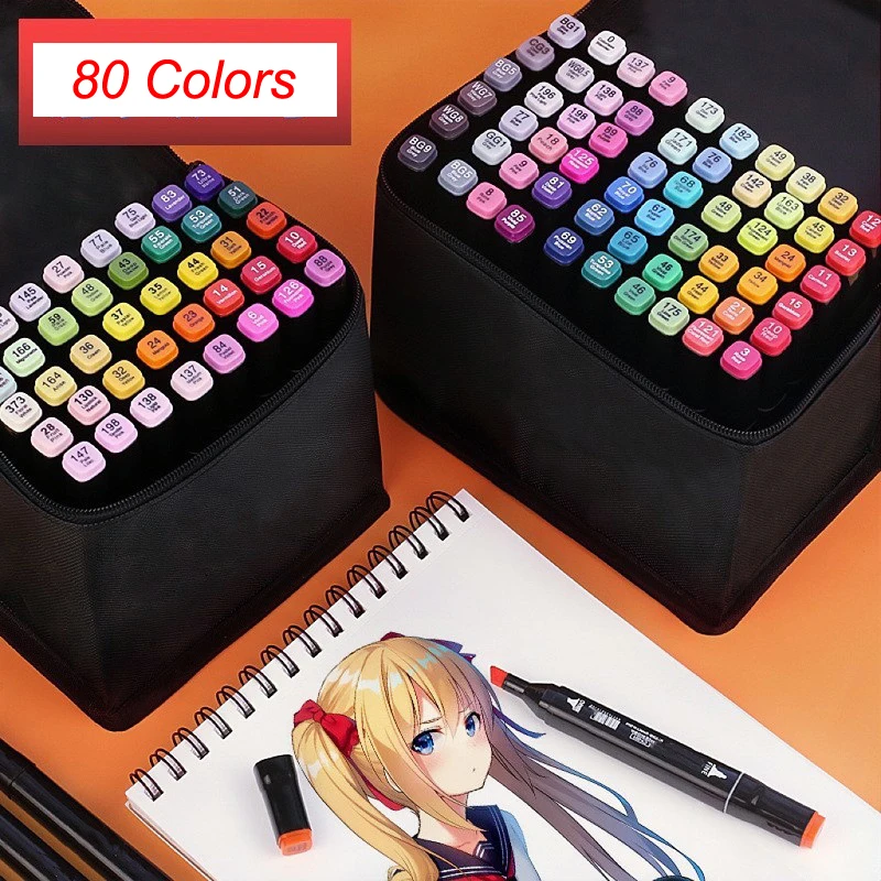 Sch-ler-12-80-Farben-Single-Art-Marker-Pinsel-Stift-Skizze-Alkohol ...