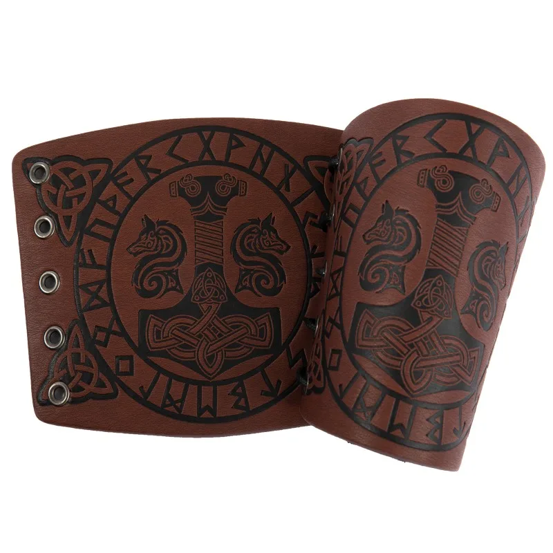 Thor's Hammer Norse Vikings Bracer Medieval Adult Leather Cuff Wolf ...
