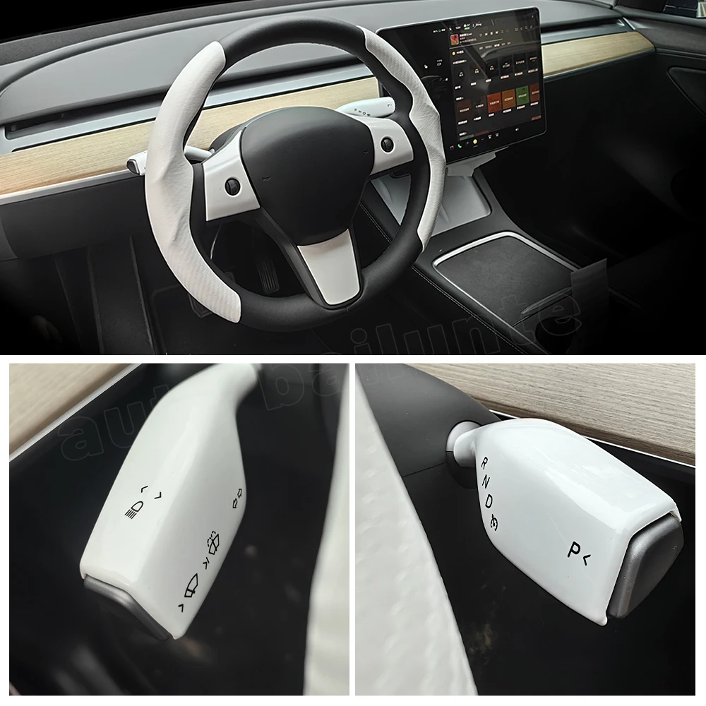 for-Tesla-Model-3-Model-Y-White-Steering-Wheel-Column-Cover-Car-Shift ...