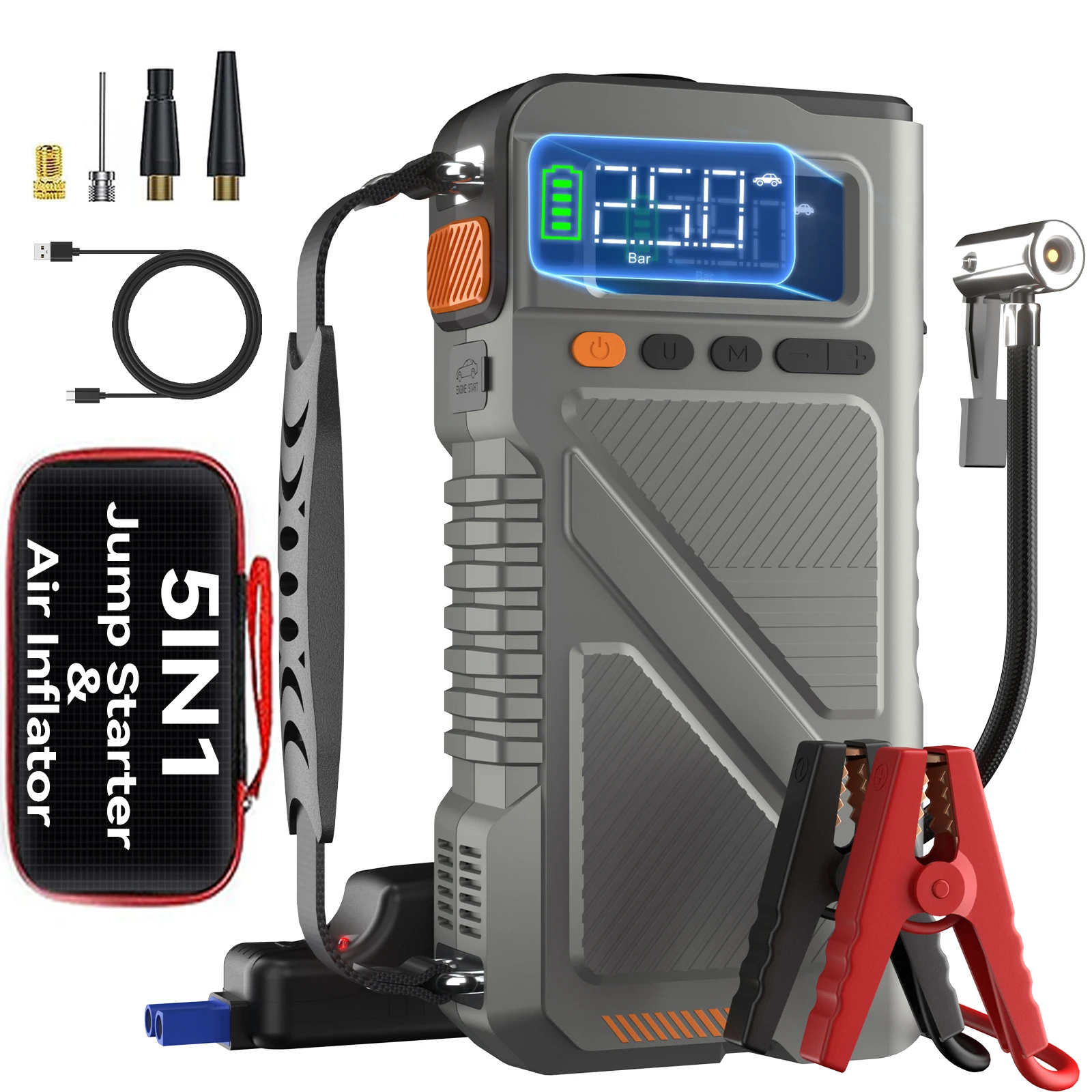 6000A Jump Starter With Air Compressor, 5 In 1 Function Jump Box 150PSI ...
