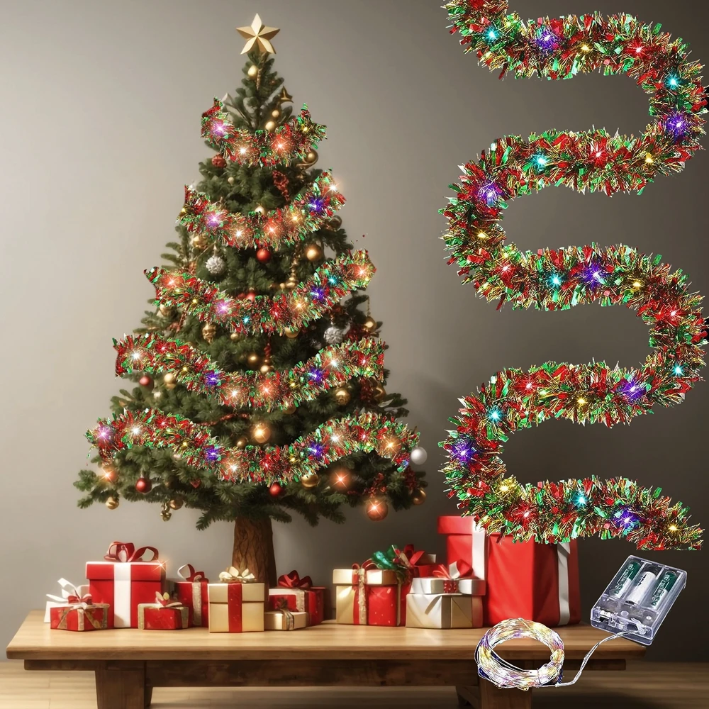 1pc 16 Ft Christmas Tinsel Garland Metallic Shinny With LED Lights Tree ...