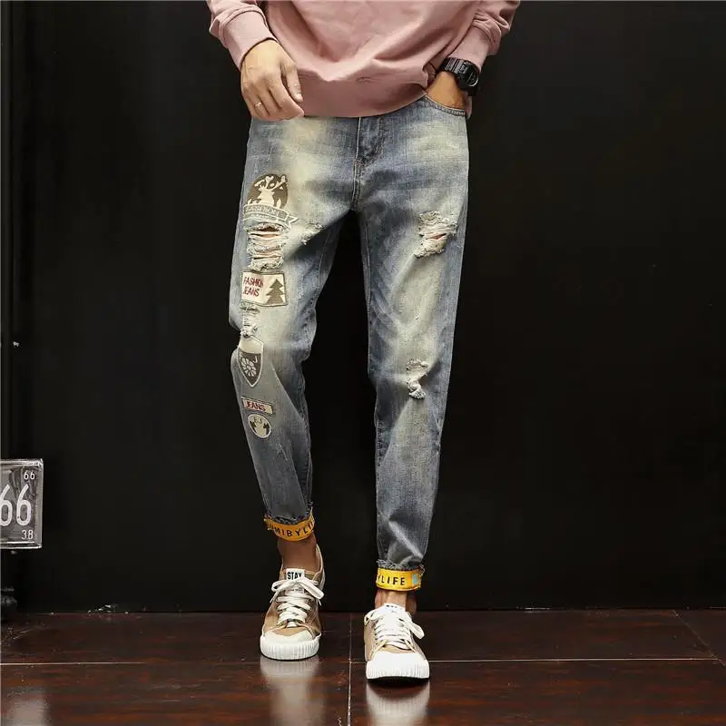 With-Print-Tapered-Men-s-Jeans-Broken-Ripped-Retro-Korean-Fashion-Man ...